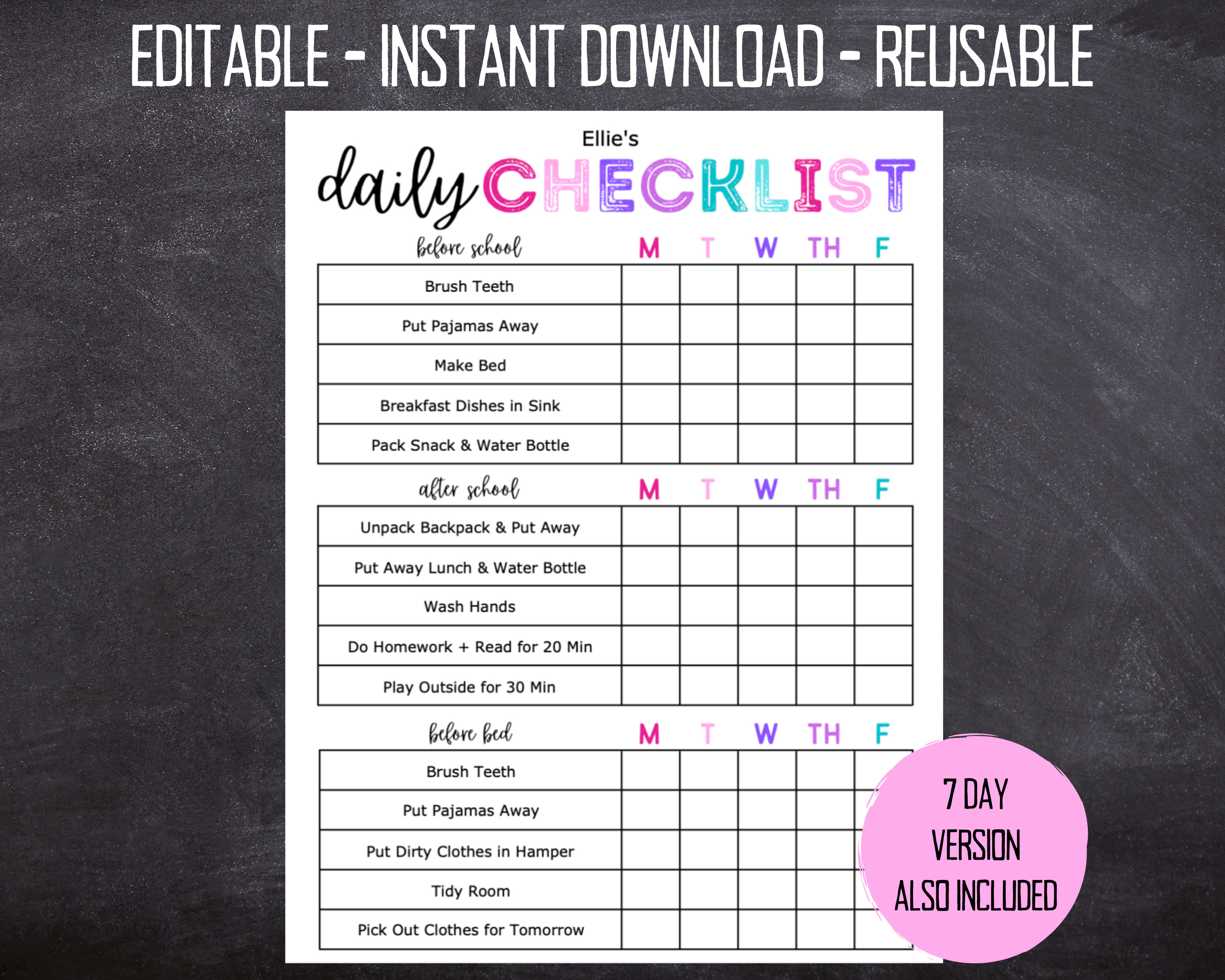 Printable Editable Daily Checklist for Kids Chore Chart for - Etsy