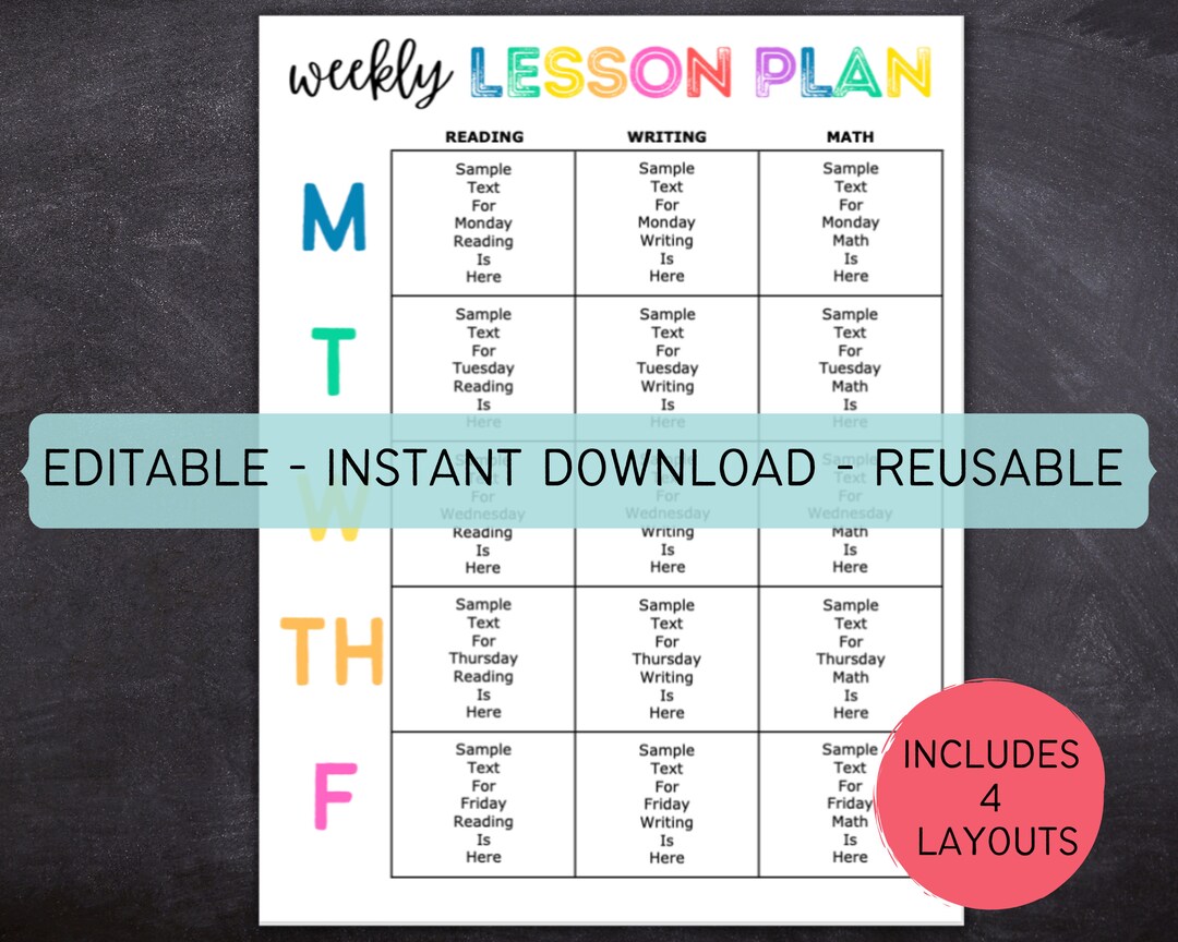 Printable Editable Weekly Lesson Plan Simple School Schedule - Etsy