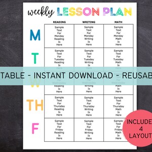 Printable Editable Weekly Lesson Plan Simple School Schedule - Etsy
