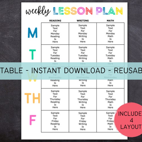 Printable Editable Weekly Lesson Plan Simple School Schedule - Etsy