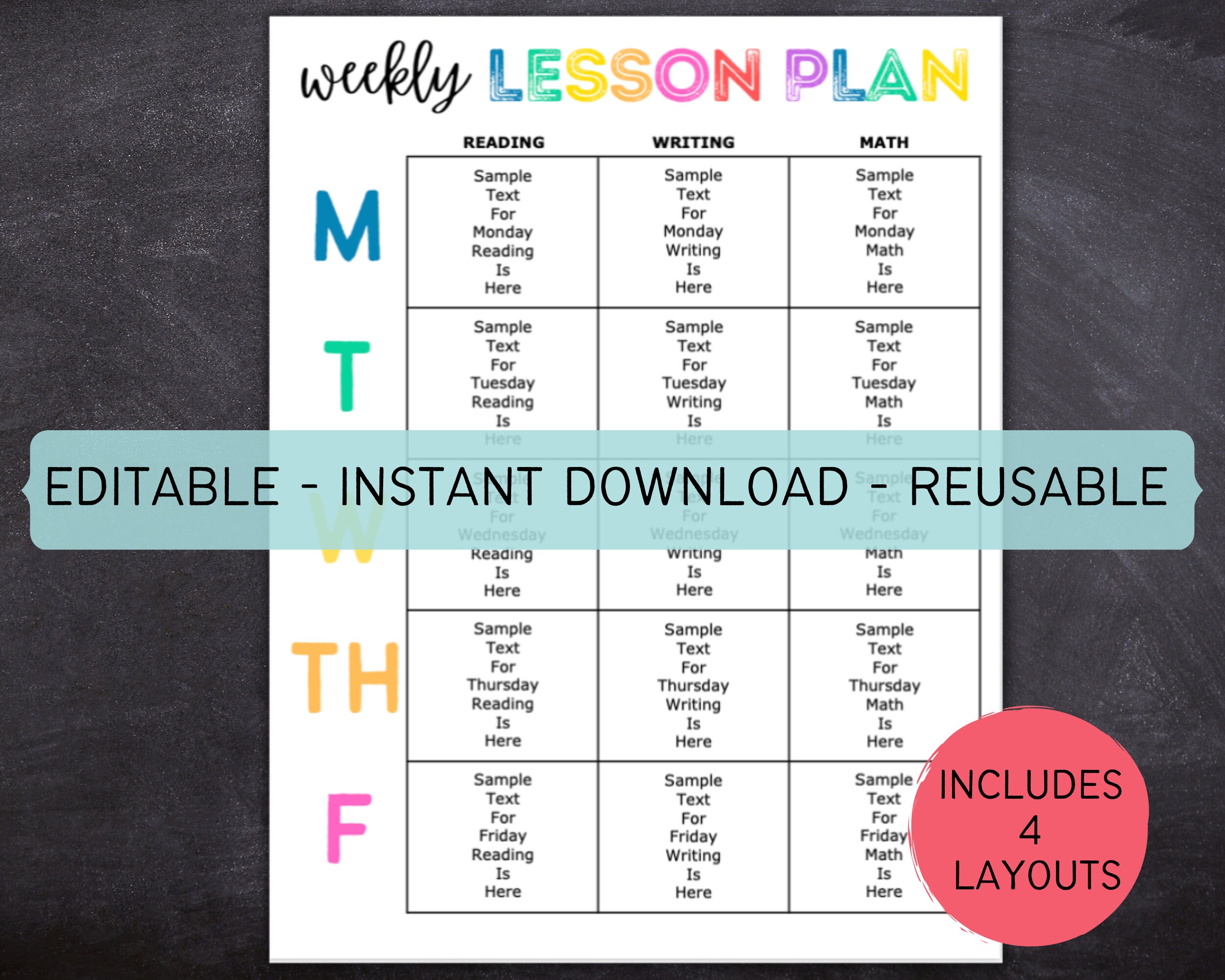 Printable Editable Weekly Lesson Plan Simple School Schedule - Etsy