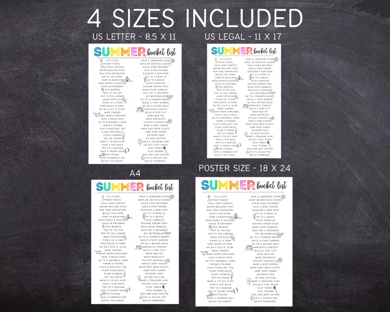 Printable SUMMER Bucket List US Letter A4 Poster Size US - Etsy