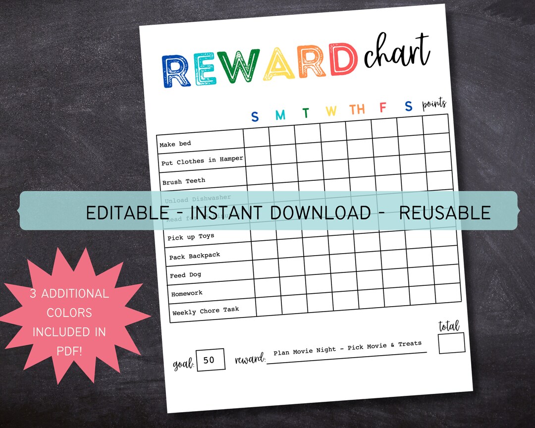 Printable Editable Weekly Kids Chore and Reward Chart | Instant ...
