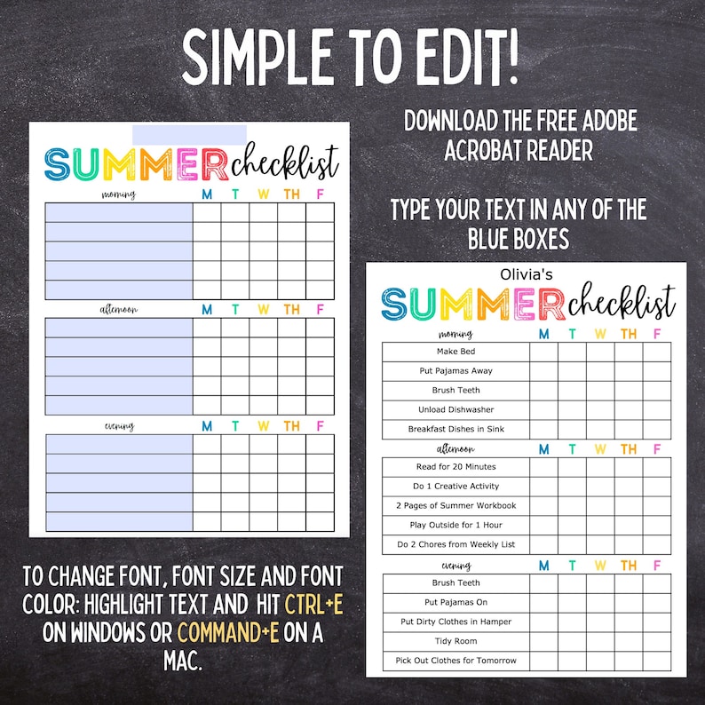 Printable Editable SUMMER Daily Checklist for Kids | Chore Chart for ...