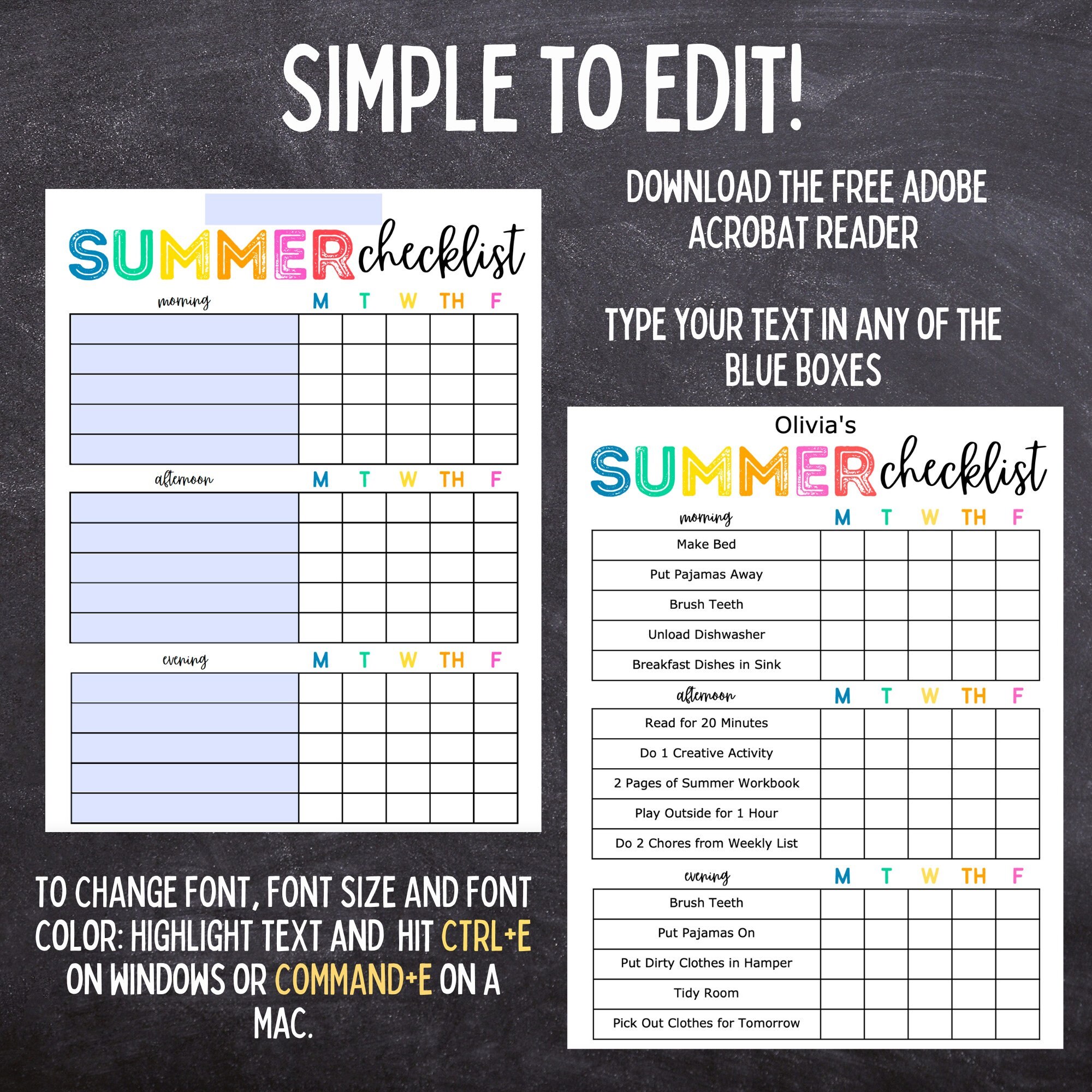 Printable Editable SUMMER Daily Checklist for Kids | Chore Chart for ...