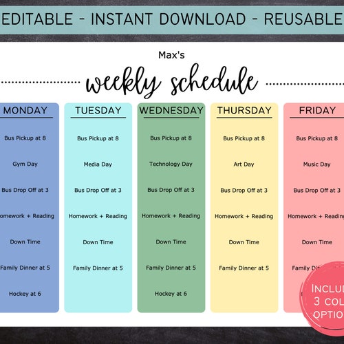 Printable Editable Weekly Schedule Simple Kids School and - Etsy