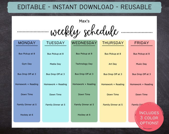 Printable Editable Weekly Schedule Simple Kids School and - Etsy Australia
