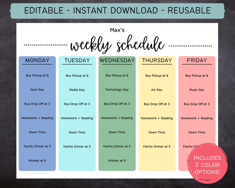 Printable Editable Weekly Schedule Simple Kids School and - Etsy