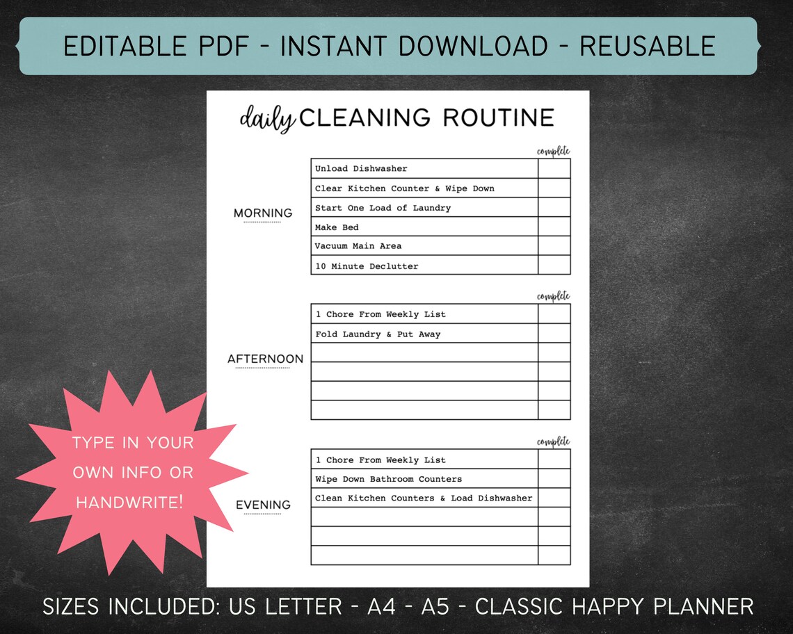Printable and Editable Daily Cleaning Routine Cleaning | Etsy