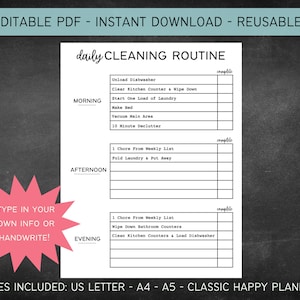 Printable and Editable Daily Cleaning Routine | Cleaning Planner ...
