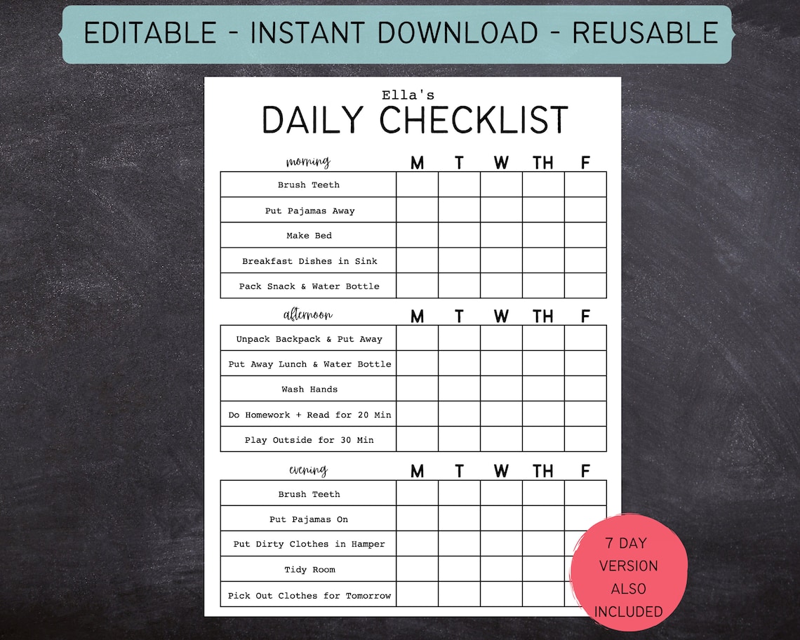 Printable Editable Daily Checklist for Kids Teens and Adults | Etsy