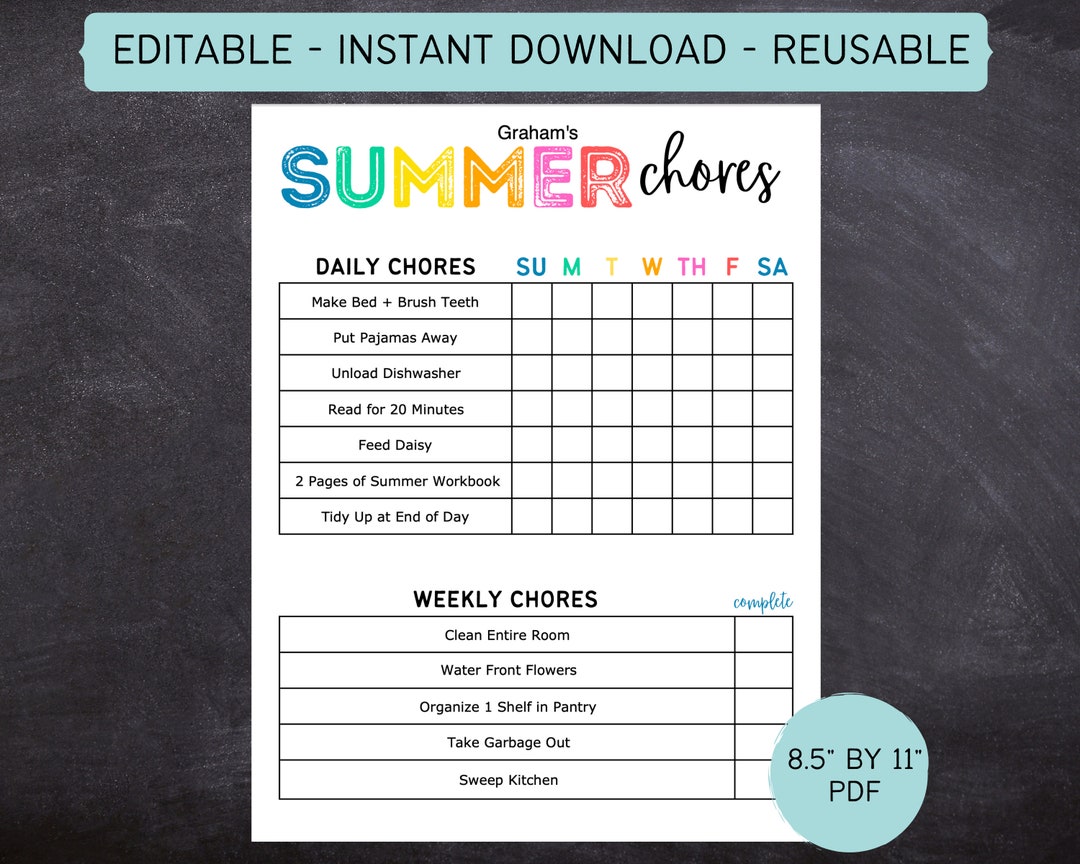 Printable Editable SUMMER Daily & Weekly Kids Chore Responsibility ...