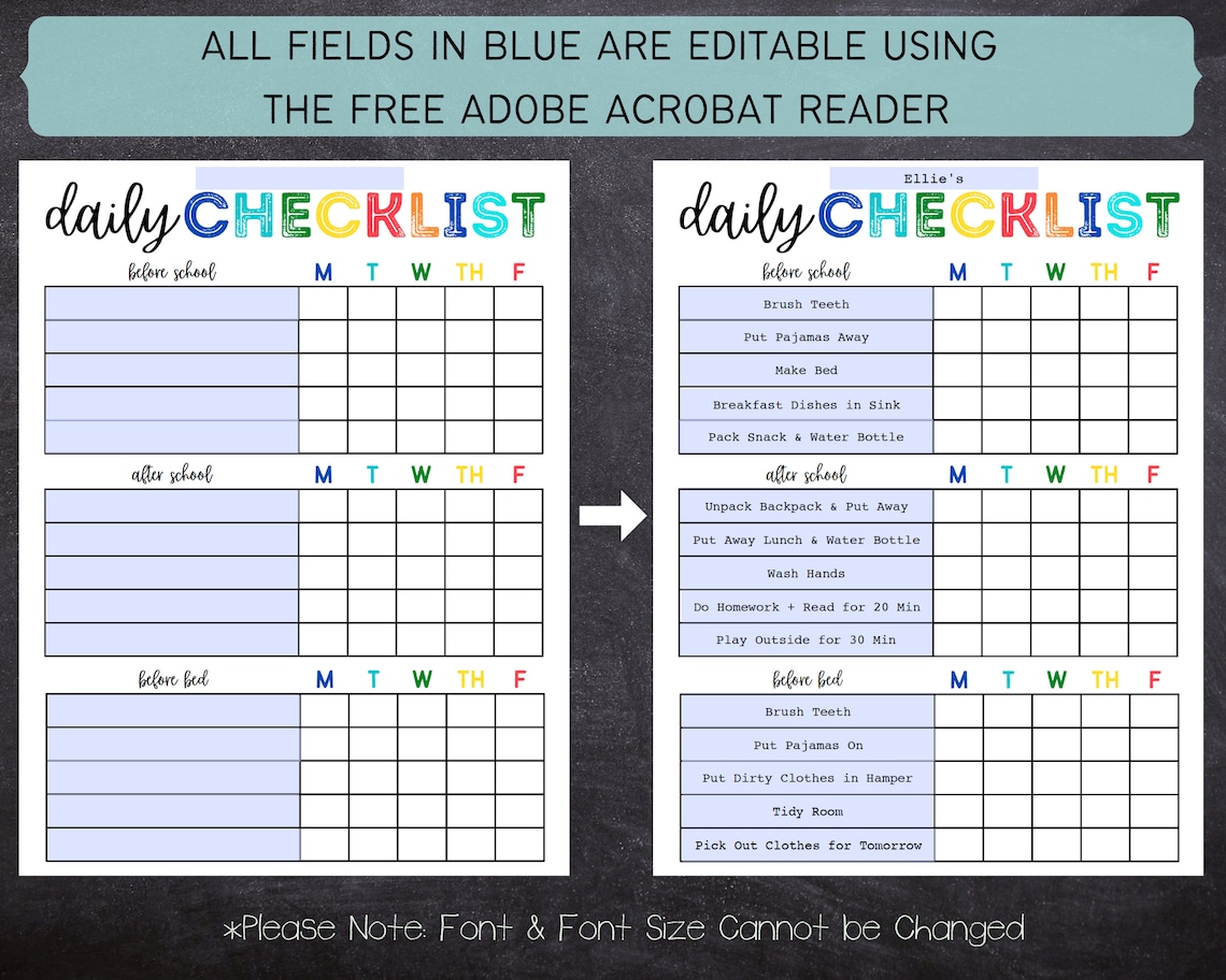 Printable Editable Daily Checklist for Kids Chore Chart for - Etsy