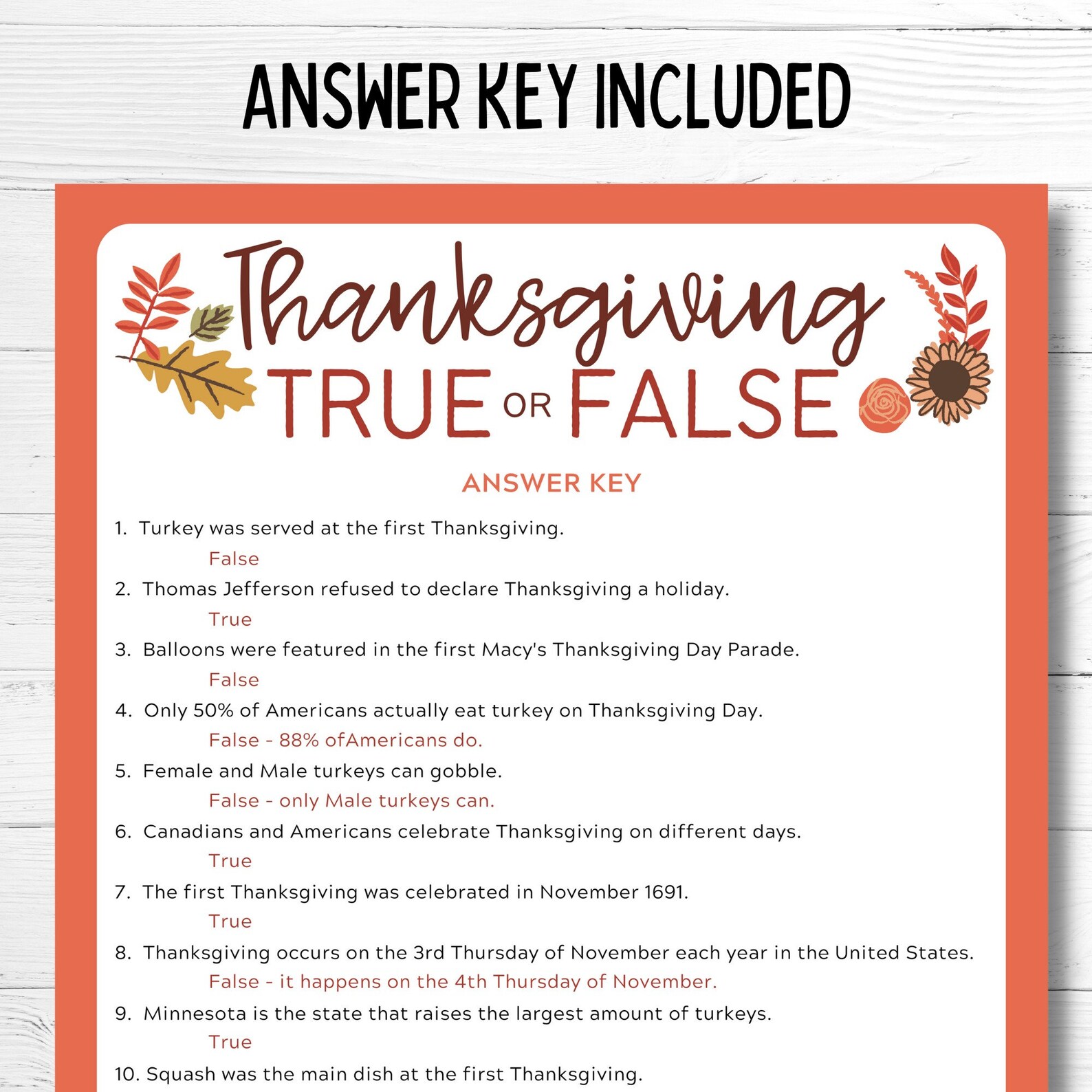 Thanksgiving Trivia Game | Thanksgiving True or False | Thanksgiving ...