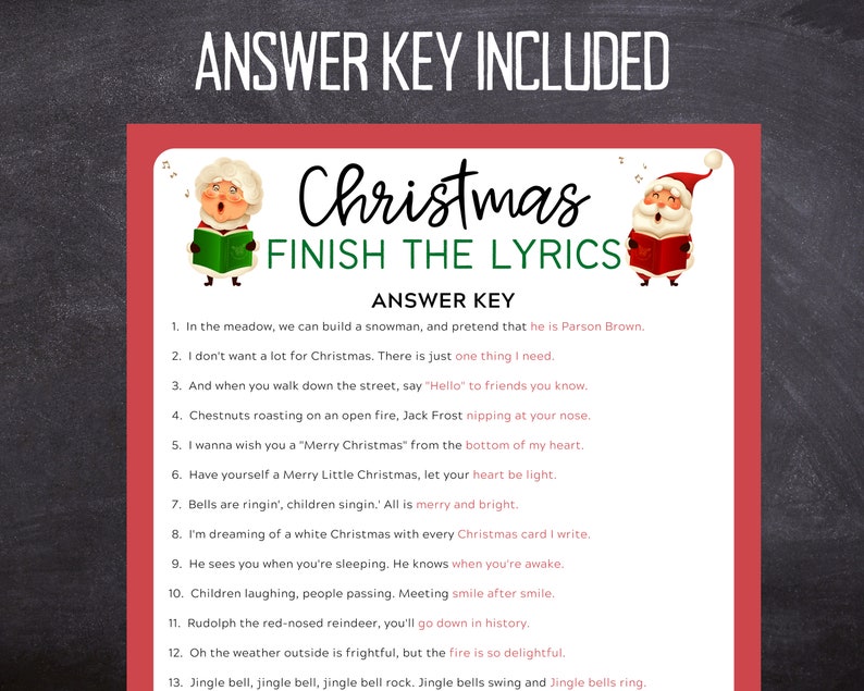 Christmas Song Trivia Game Finish the Lyrics Christmas - Etsy