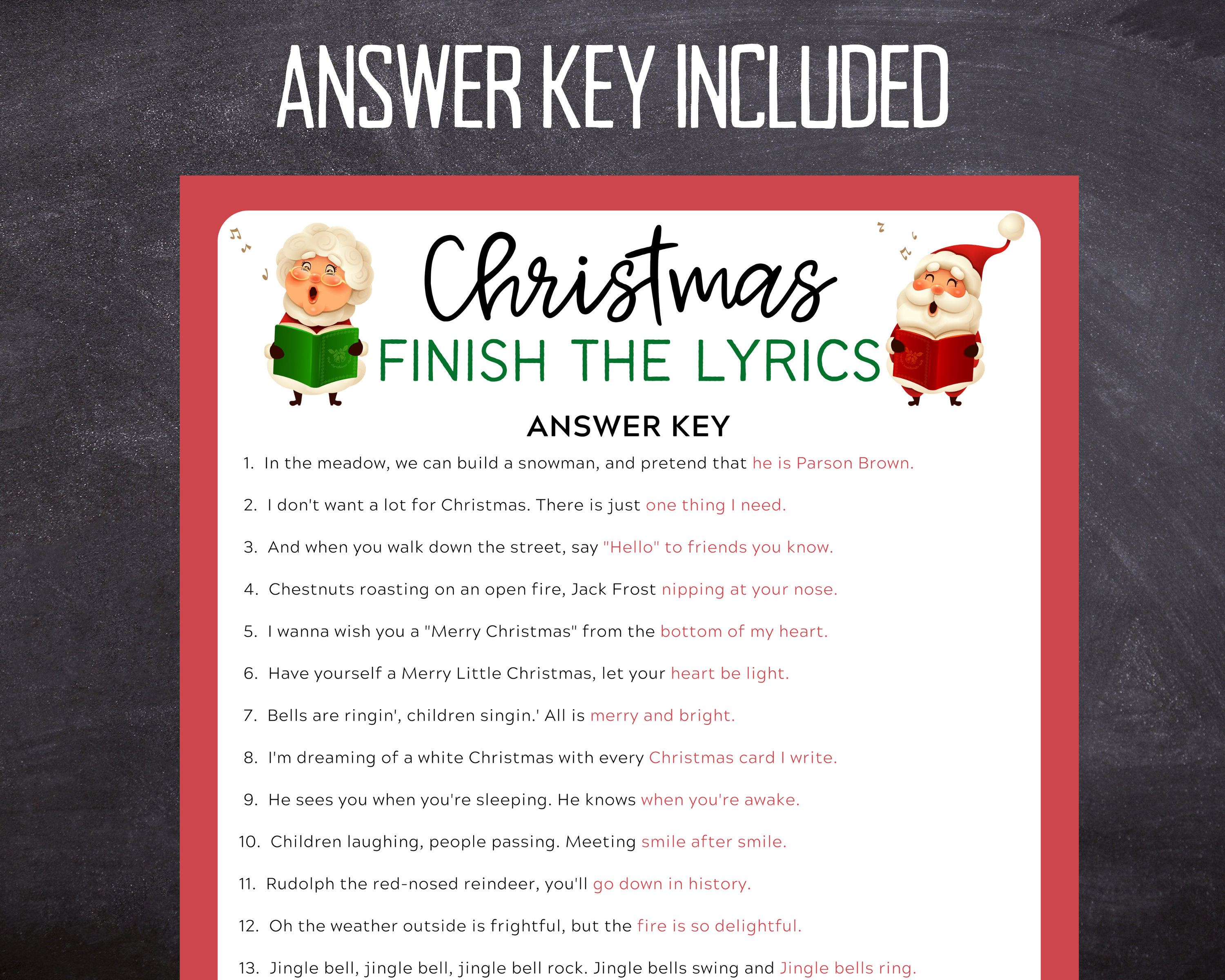 Christmas Song Trivia Game Finish the Lyrics Christmas - Etsy