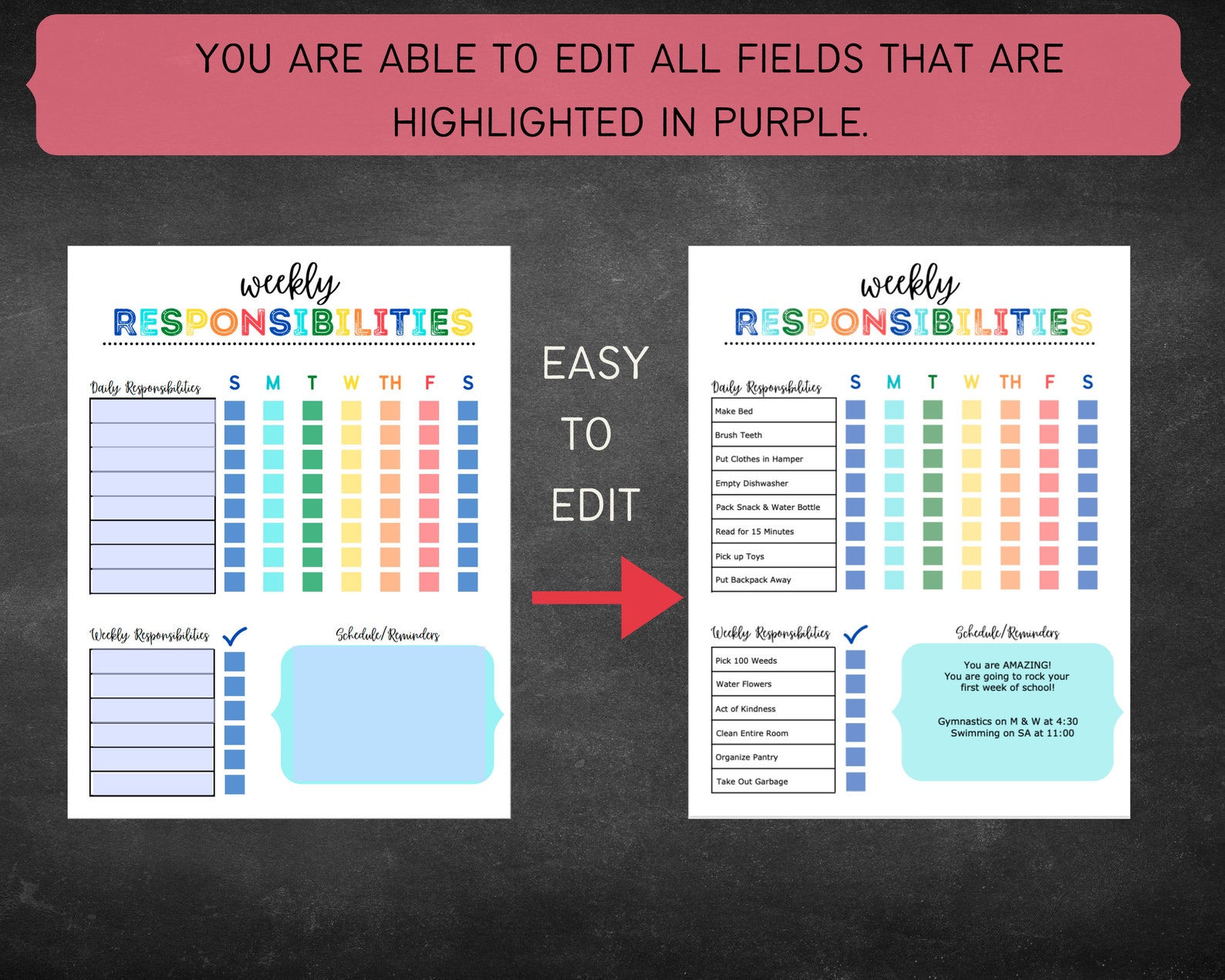 Printable Editable Daily & Weekly Kids Chore Responsibility Chart ...