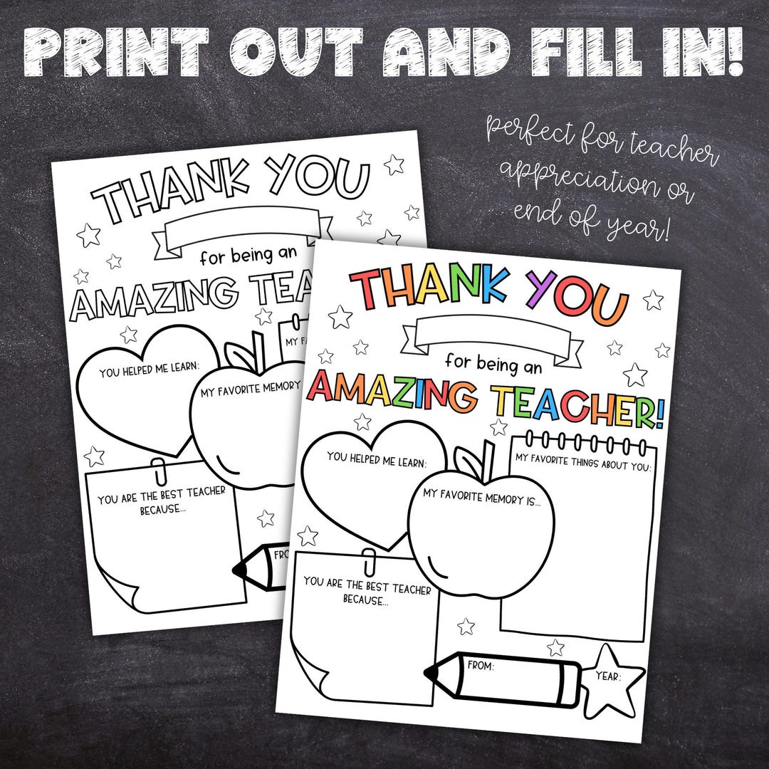 Teacher Appreciation Printable: Fill-in Thank You Card (digital ...