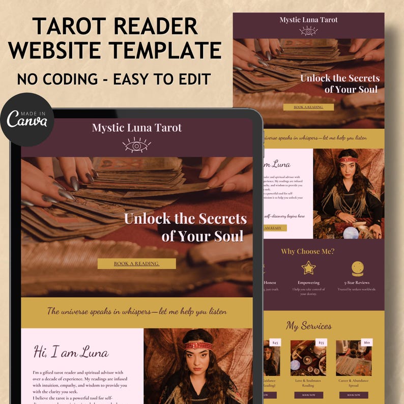 Tarot Reader Website Template Canva, Psychic Reading Website, Spiritual ...