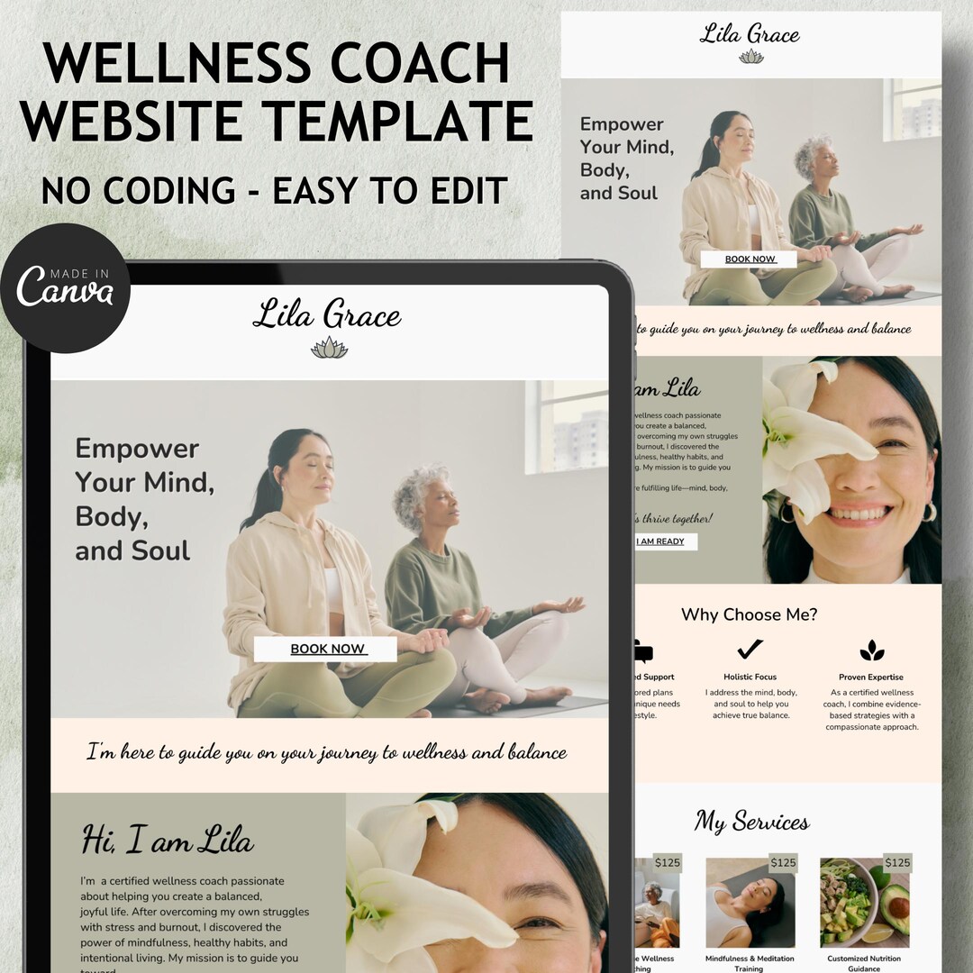 Wellness Coach Canva Website Template Editable Coaching Landing Page ...