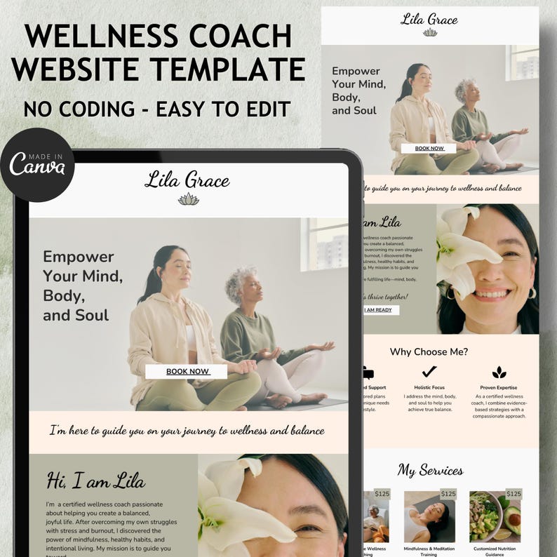 Wellness Coach Canva Website Template Editable Coaching Landing Page ...