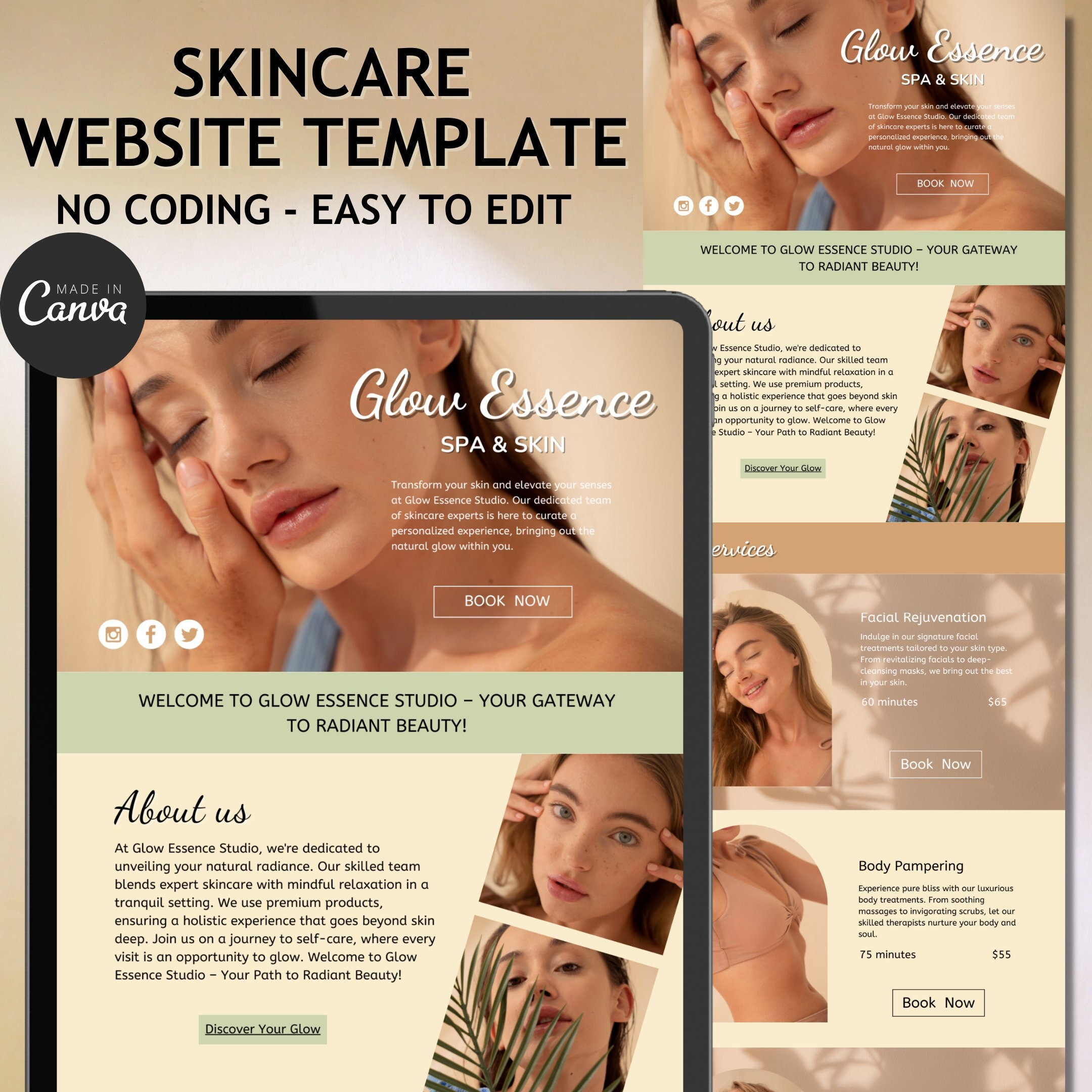Skincare Canva Website Template, Esthetician Spa Landing Page, Editable ...
