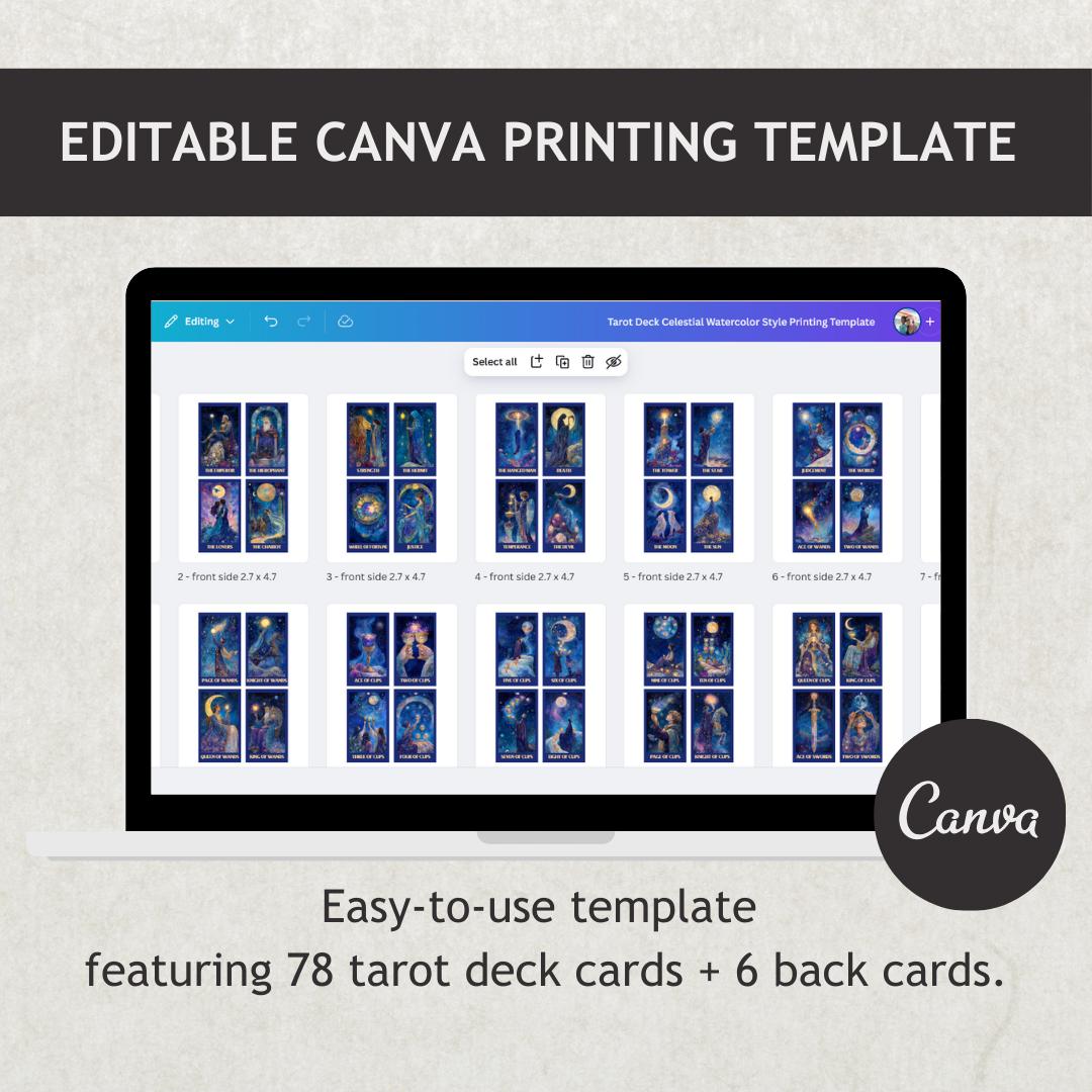 Printable Celestial Tarot Deck Watercolor Style Canva Template Cosmic ...