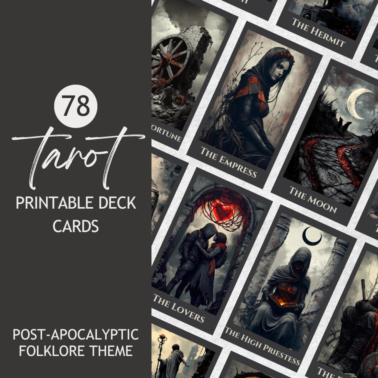 Printable Tarot Deck Post-apocalyptic Theme Gothic Linework Style Cards ...