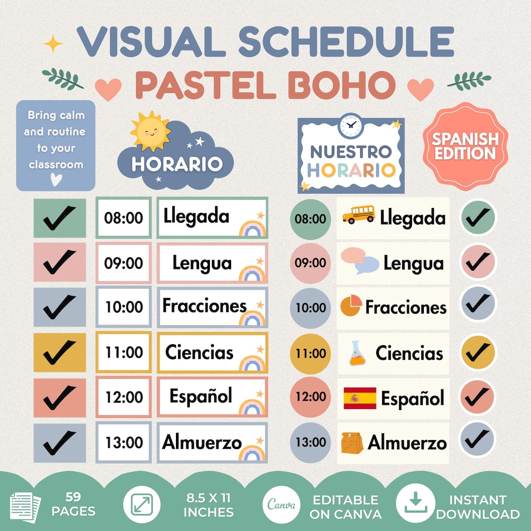Spanish Visual Schedule Editable Canva | Bilingual Daily Routine Cards ...