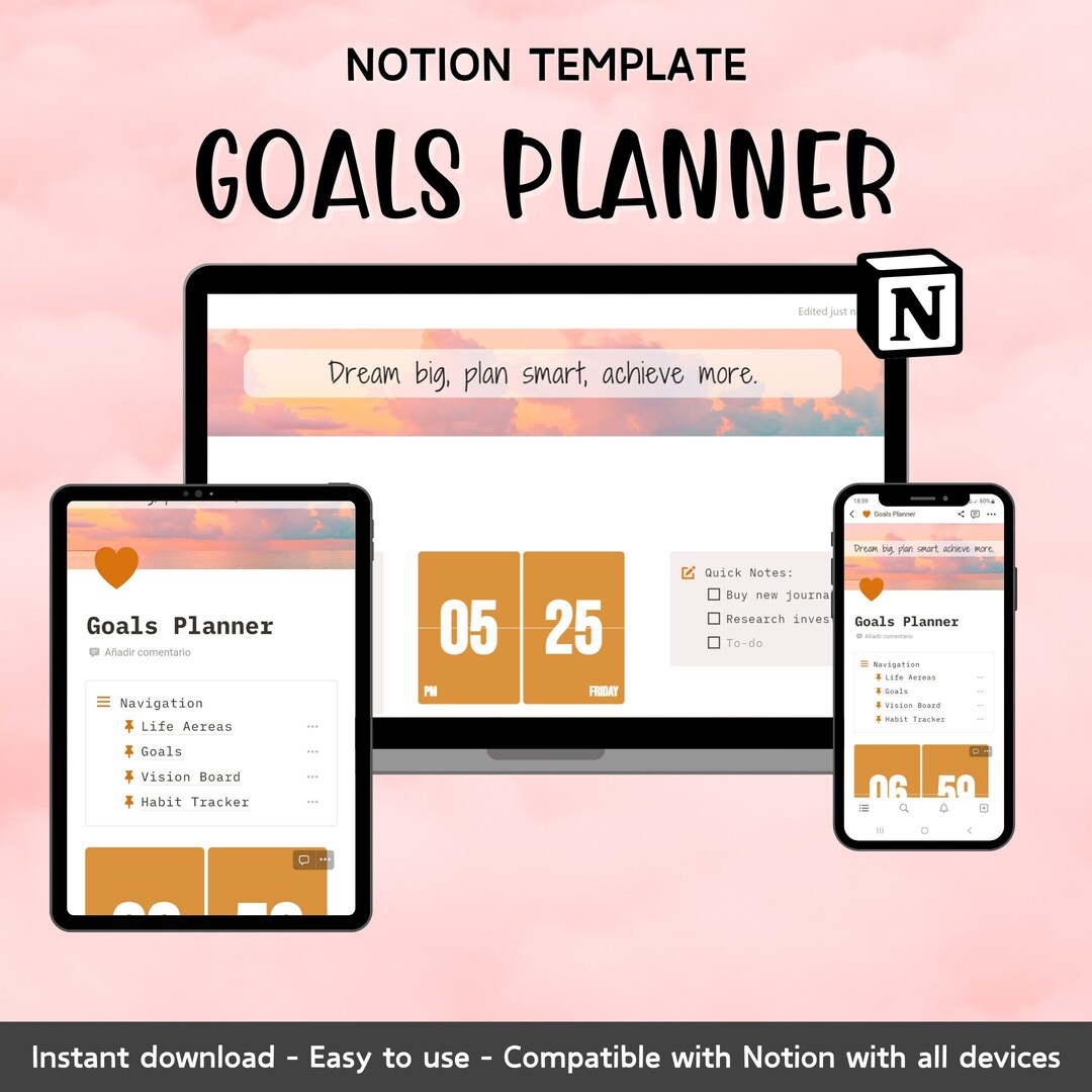Notion Goal Planner Template, Goal Setting Notion Planner, Aesthetic ...