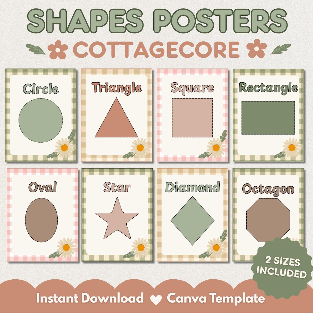Shape Posters Cottagecore Classroom Decor, 2D Shapes Printable Wall Art ...