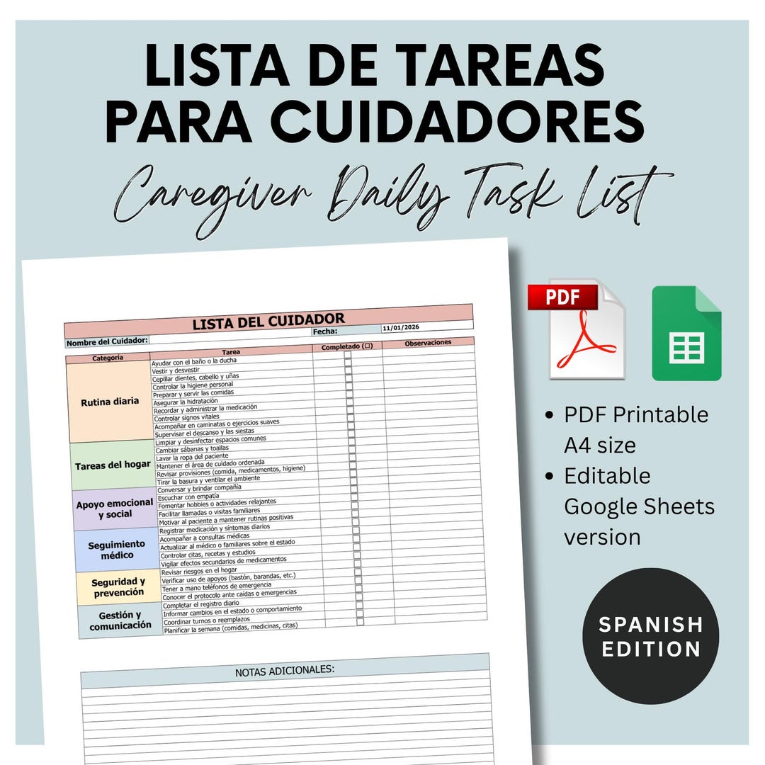 Editable Caregiver Daily Task List in Spanish, Google Sheets and ...