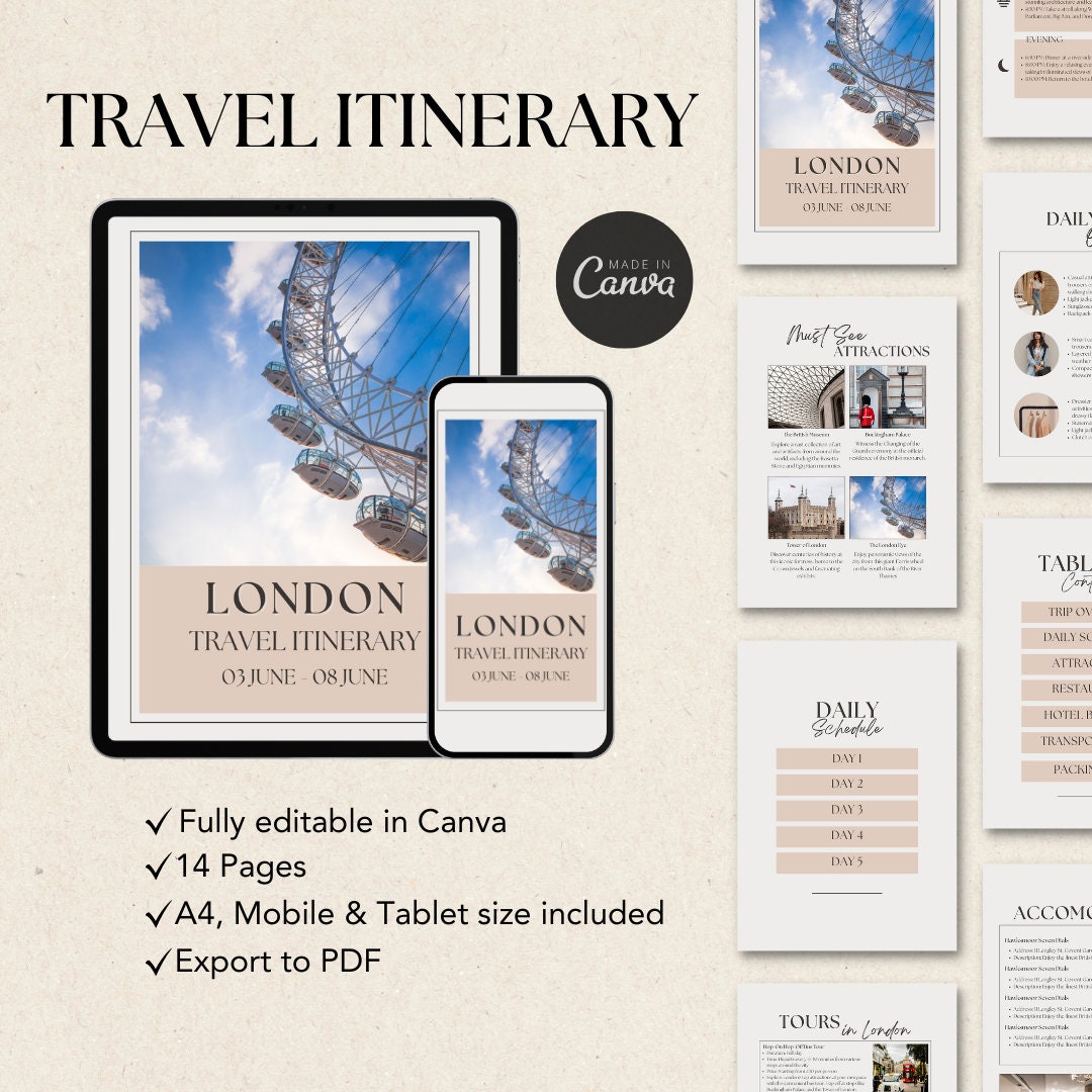 Travel Itinerary Template, Printable Itinerary, London Guide, Travel ...