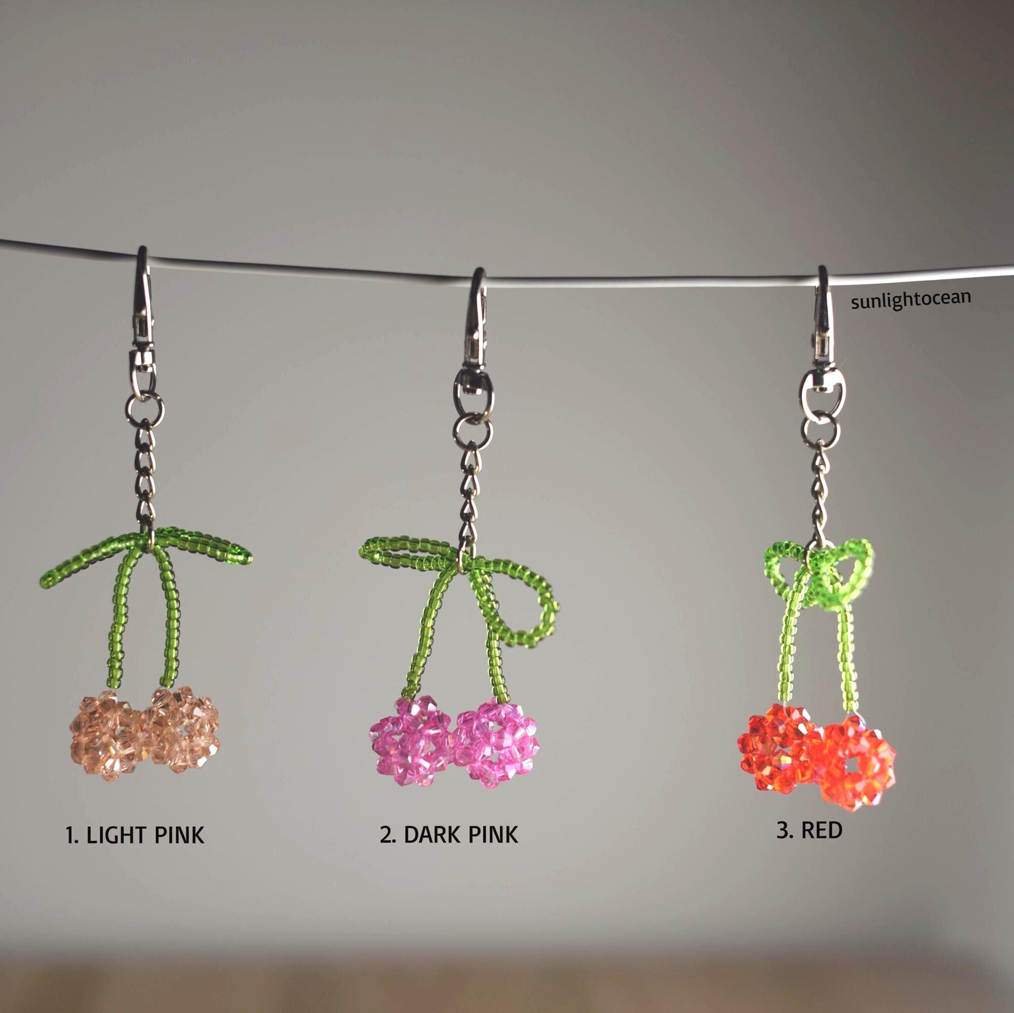 Beaded Cherry Keychain | Cute Fruit Bag Charm | Red, Dark Pink, Light ...