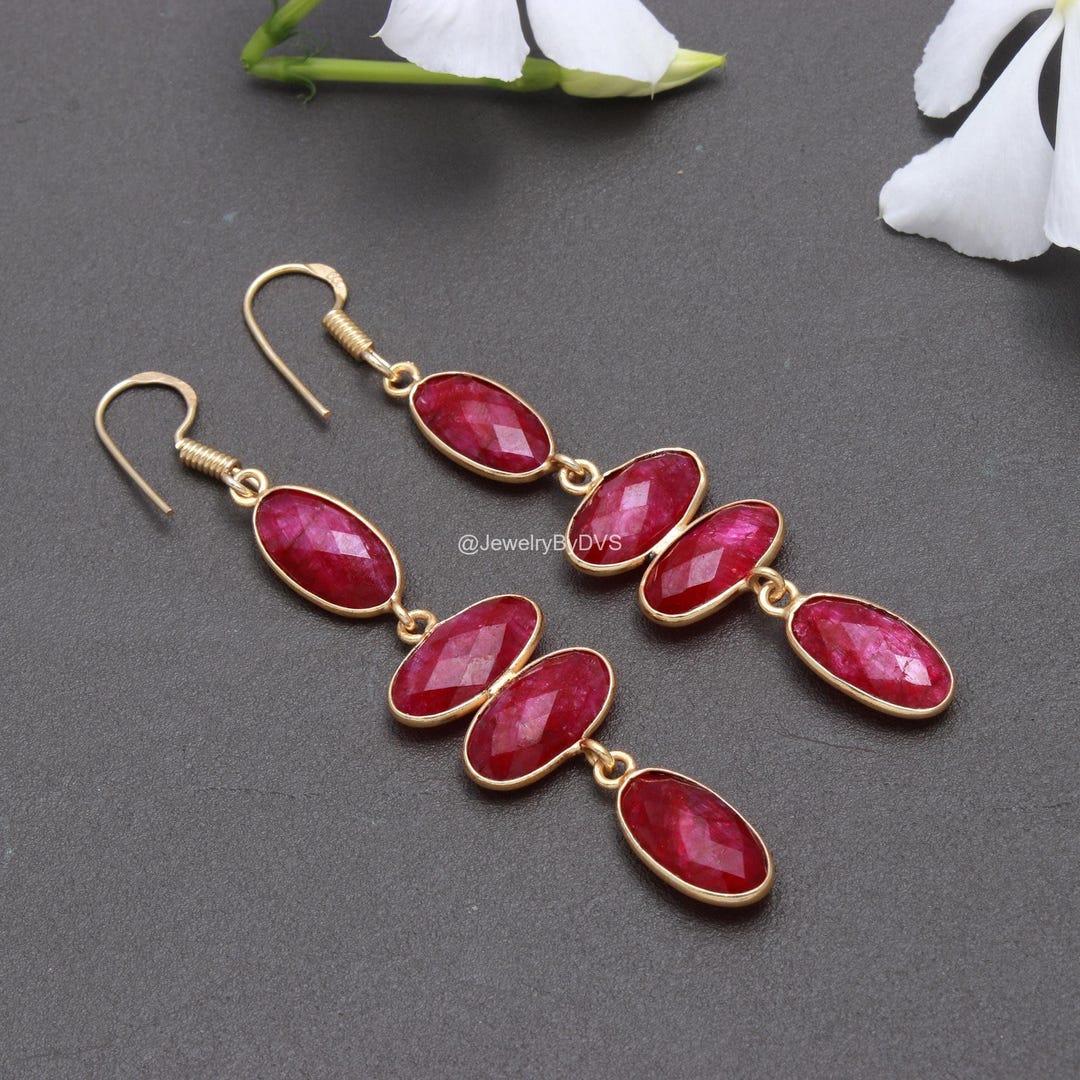 925 Sterling Silver Ruby Drop Earrings: Elegant Red Gemstone Jewelry - Etsy