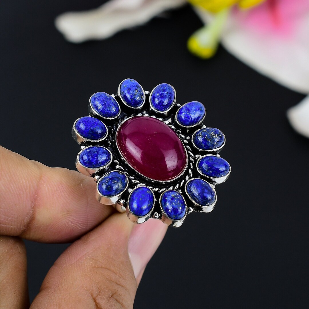 Natural Lapis Lazuli With Ruby Jade Gemstone Handmade Ring - Etsy