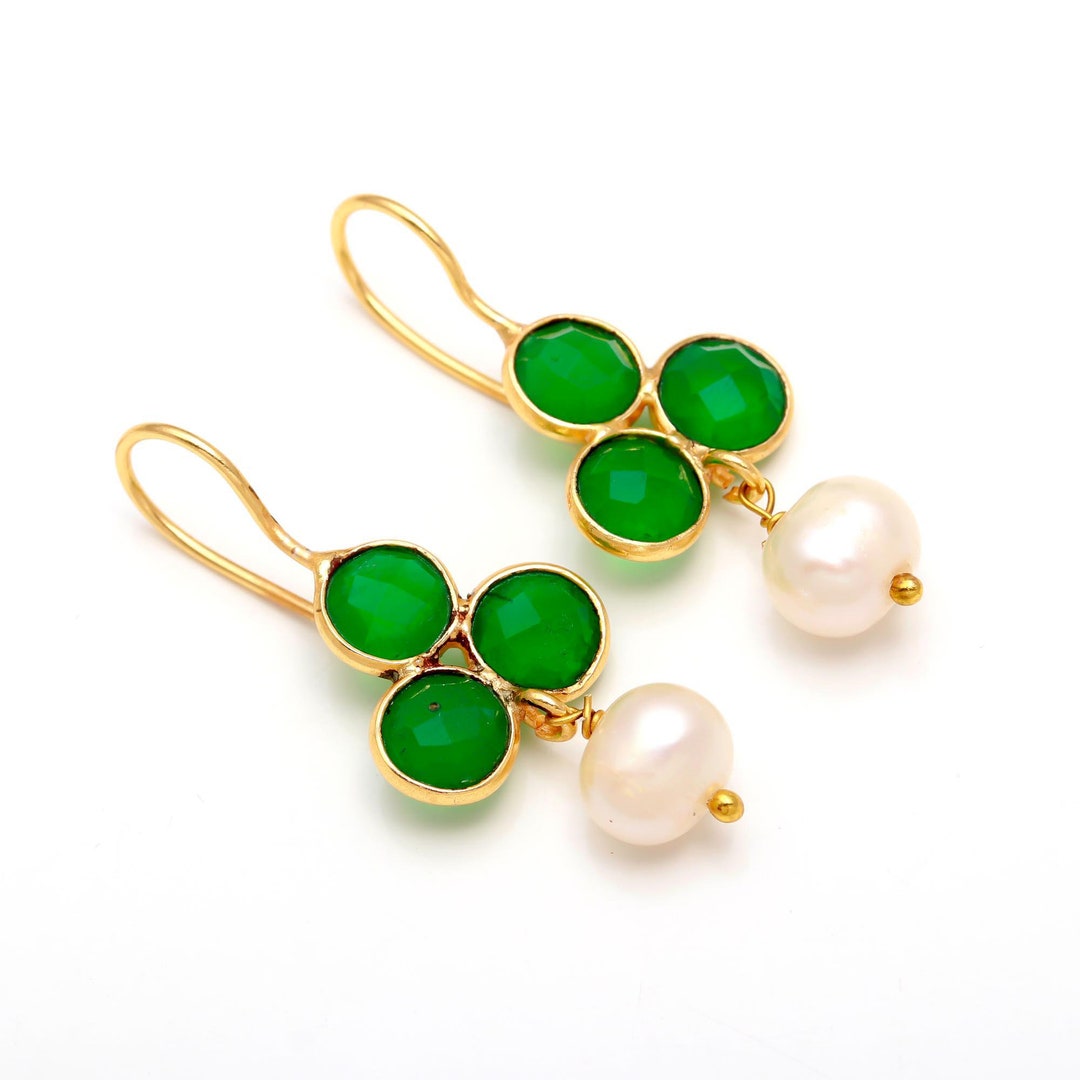 Green Onyx With Pearl Earring, 925 Sterling Silver Handmade Minimalist ...