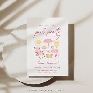 Preppy Pink Pool Party Invitation, 100% Editable Text, Splish Splash ...