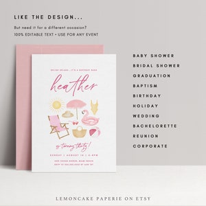 Preppy Pink Pool Party Invitation, 100% Editable Text, Adult Birthday ...