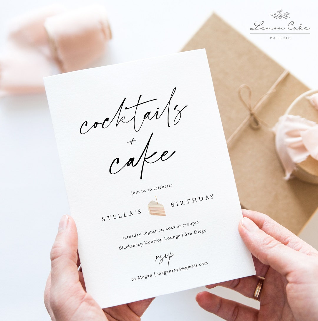 Cocktails and Cake Birthday Invitation, 100% Editable Text, Minimalist ...