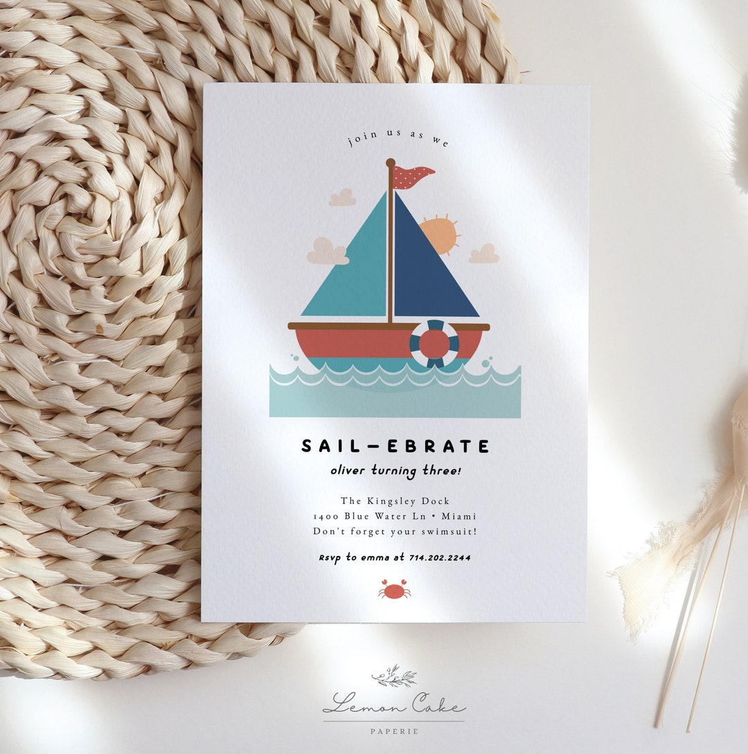 Nautical Birthday Invite, Sail Boat Theme Birthday Party Invitation ...