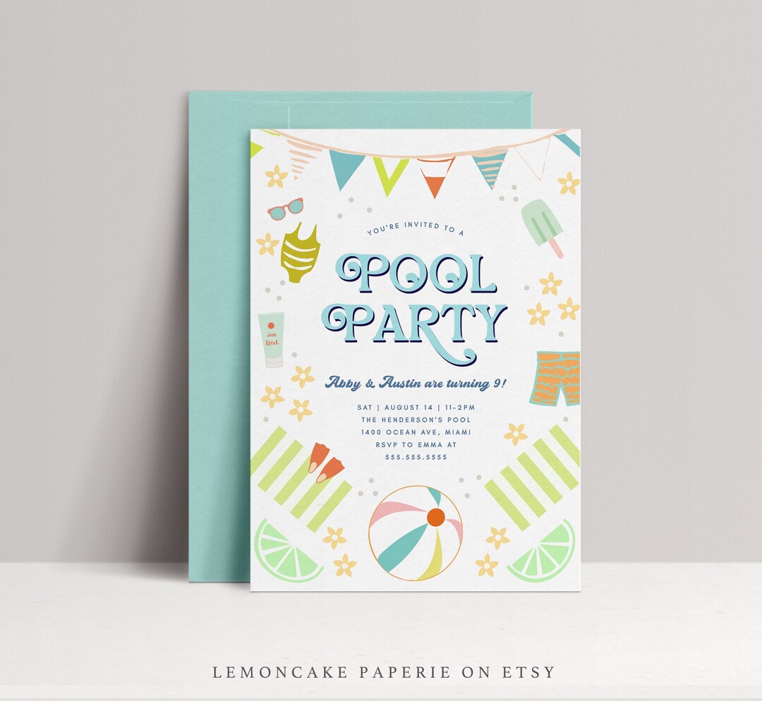 Pool Party Text Invitation, Joint Birthday Party Invite, 100% Editable ...