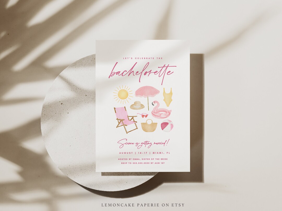 Pink Beach Bachelorette Party Invitation, Editable Text, Miami ...
