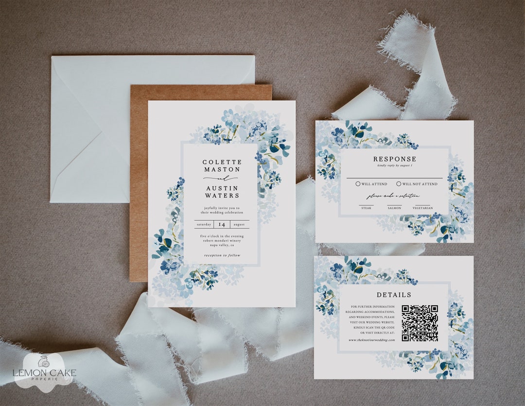 Dusty Blue Wedding Invitation Set, Light Blue Invitation Suite, Winter ...