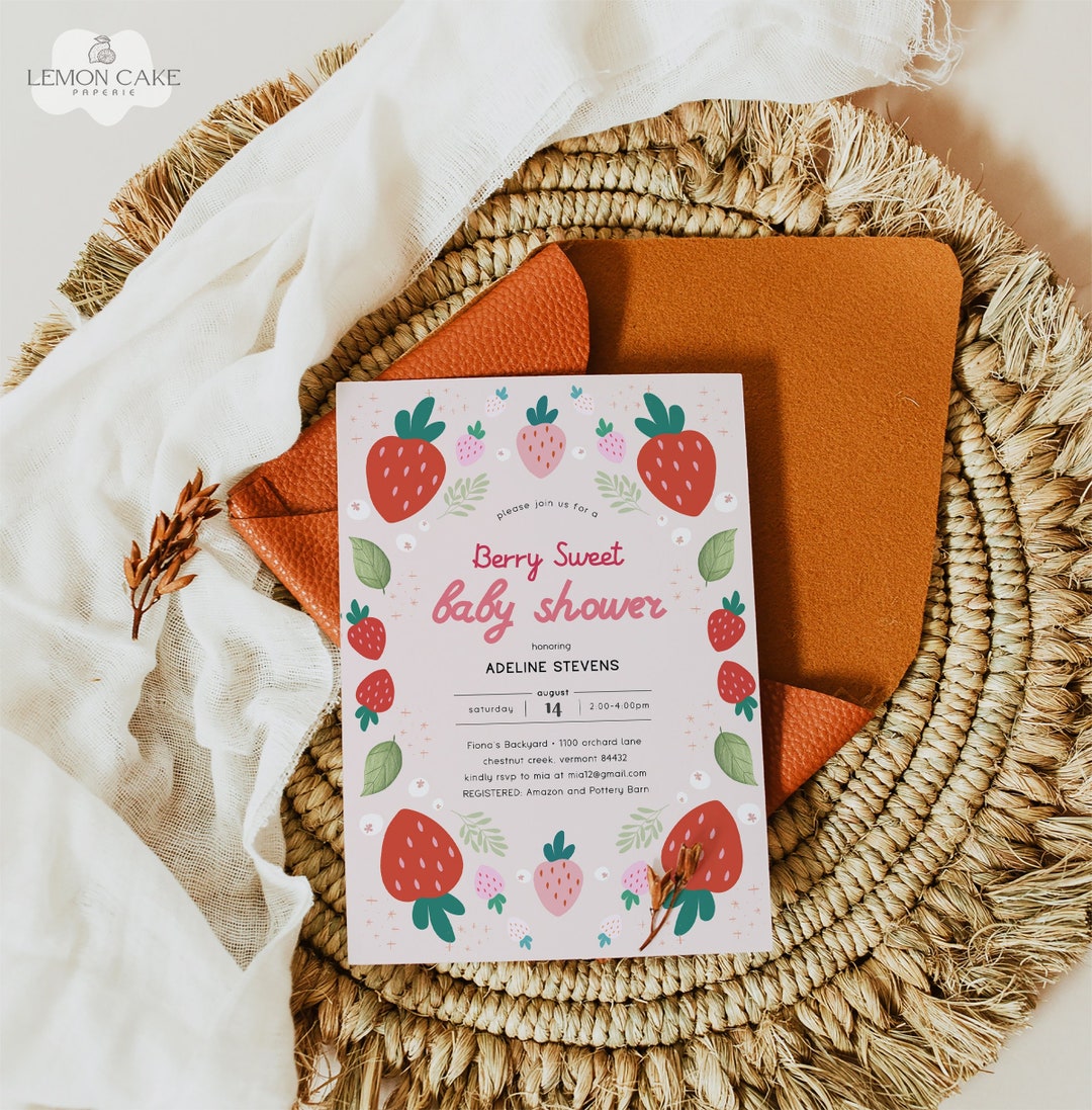 Editable Berry Sweet Baby Shower Invitation, Strawberry Invite, Girl ...