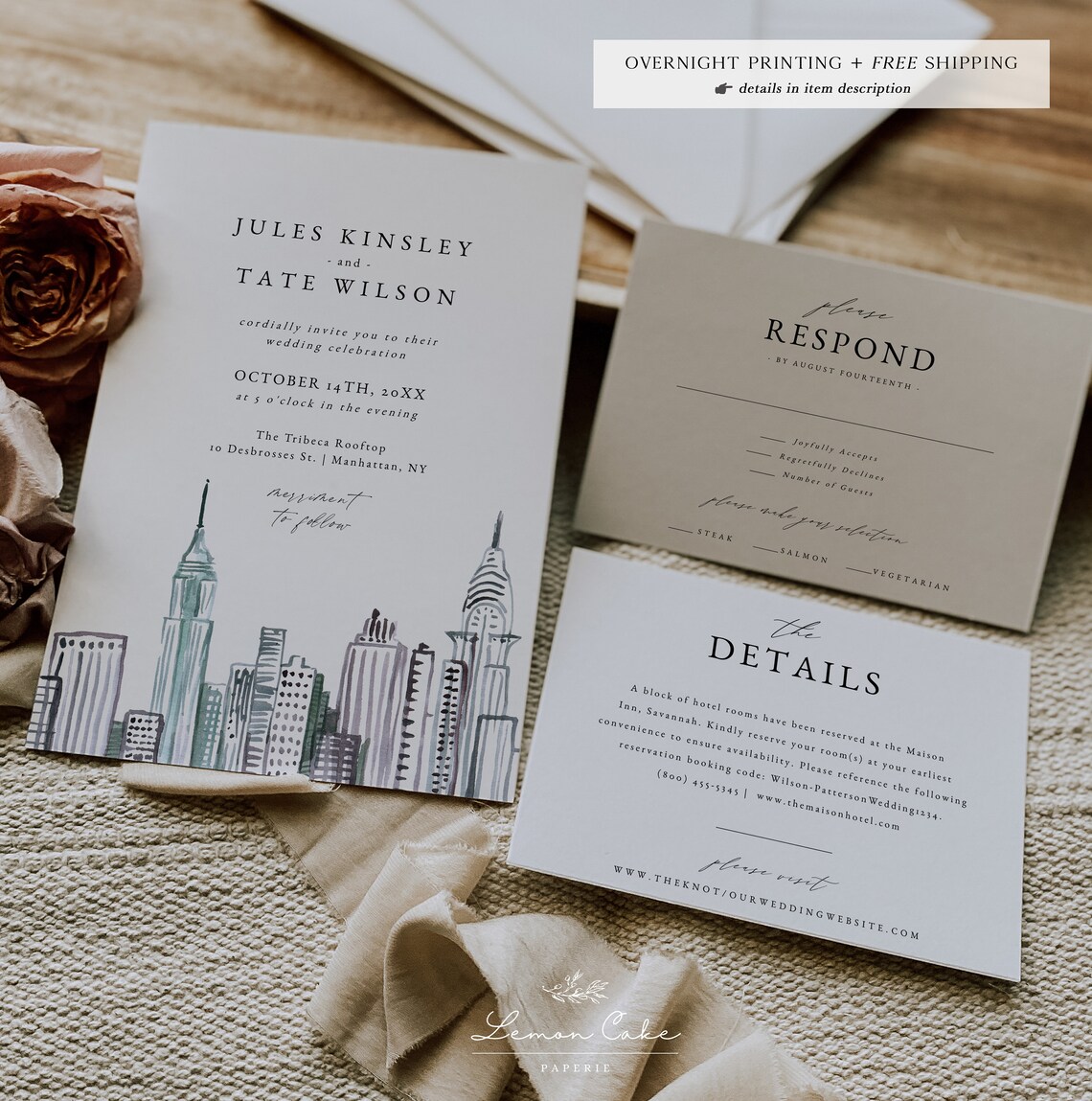 New York Wedding Invitation Suite, Manhattan Skyline Modern Sketch ...