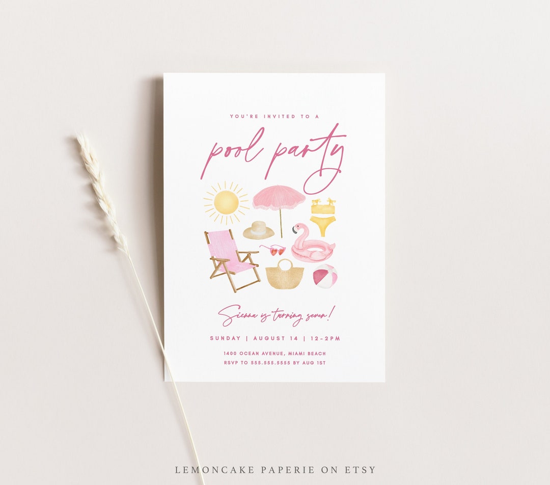 Preppy Pink Pool Party Invitation, 100% Editable Text, Splish Splash ...