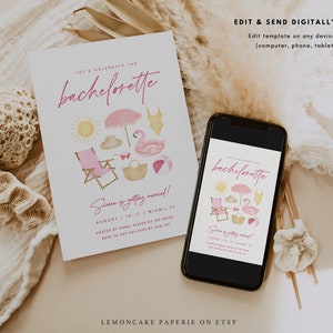 Pink Beach Bachelorette Party Invitation, Editable Text, Miami ...