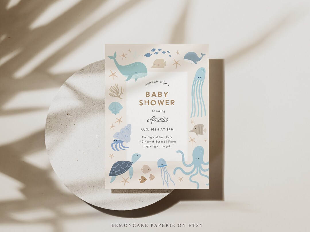 Neutral Sea Creature Baby Shower Invitation, Boy Baby Shower Invitation ...