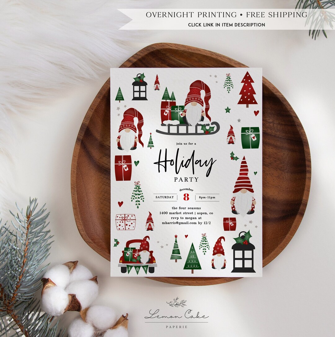 Holiday Party Invitation Template, Gnome Party Invite, Office Christmas ...